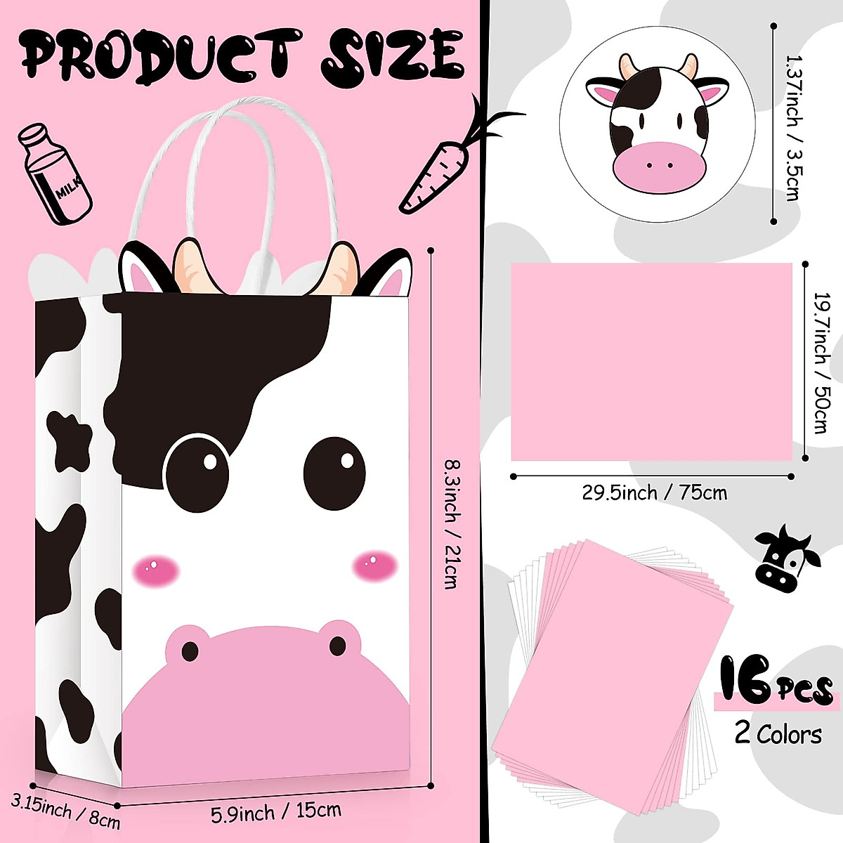 Nezyo 16 Set Cow Party Favors Bag with Tissue Paper and Stickers, Cow Print Gifts Bags with Handles, Farm Themed Goodie Treat Candy Kraft Paper Bags for Kids Cow Farm Animals Birthday Party Supplies