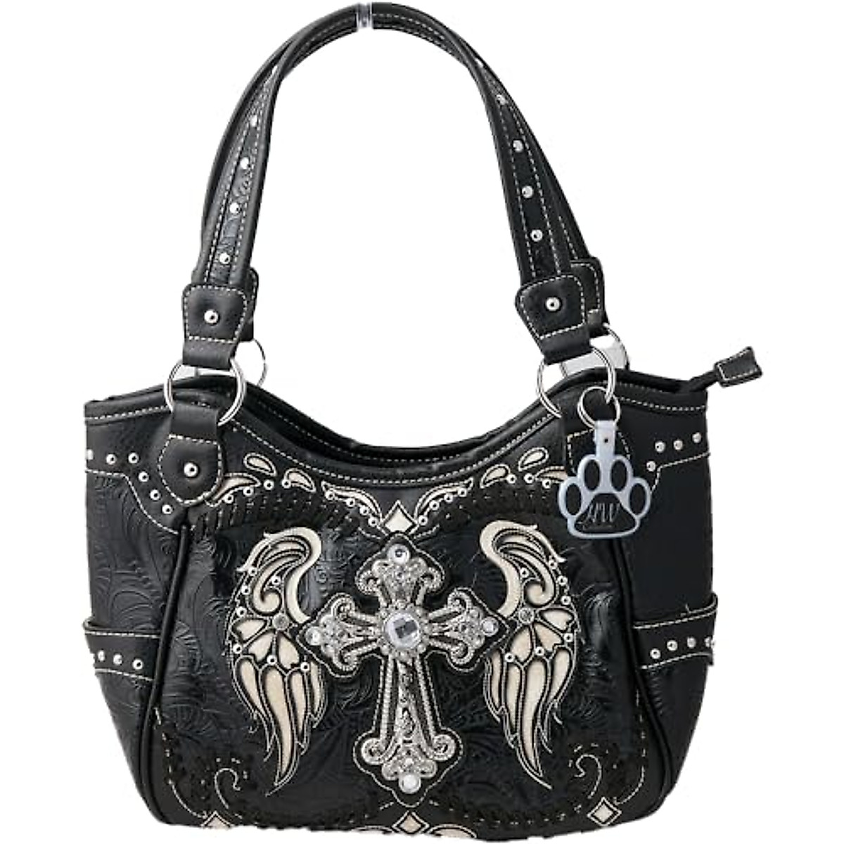 HW Collection Western Purse Rhinestone Cross Angelic Wings Women Handbag Wallet Set (Black)