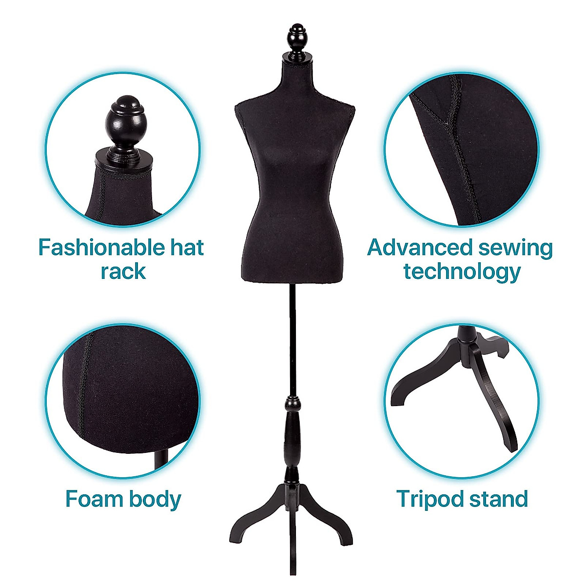 Hkeli Female Mannequin Torso Dress Form Standing Manikin Body 60”-67” Inch with Tripod Stand Height Adjustable Mannequin Body for Sewing Dress Jewelry Display Women, Black
