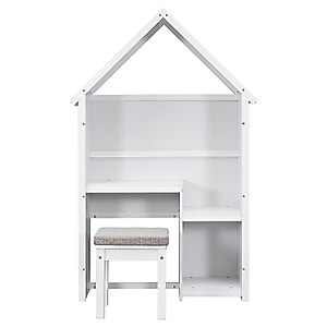 FocusOnHome House-Shaped Kids Desk with A Cushion Stool, House-Style Desk and Stool Set, White