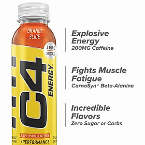 C4 Energy Non-Carbonated Zero Sugar, Pre Workout Drink + Beta Alanine, Orange Slice, 12 Fl Oz, Pack of 12