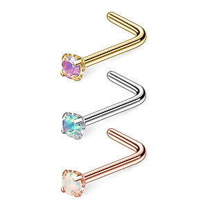 Ruifan 3PCS 20G 316L Surgical Steel 2mm Mix Color Opal Nose Rings Studs L-Shape Body Piercing Jewelry