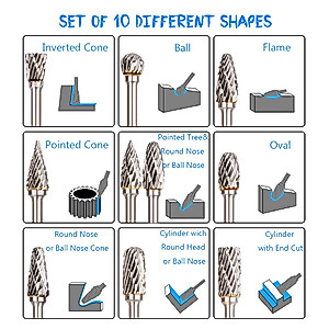 22 PCS Carbide Burr Set, AFUNTA 1/8" 1/4" Double Cut Tungsten Steel Carbide Rotary Burr Set Shank Rotary Grinder Burr Bits for Engraving, Wood Working, Polishing, Drilling