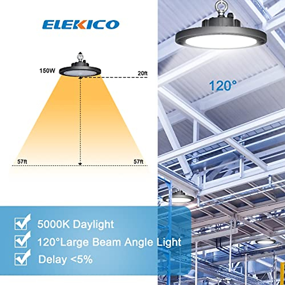 ELEKICO led high Bay Light, 150W 21000Lm 5000K Daylight IP65 high Bay led Lights with Plug 5ft Cable, UFO led high Bay Lights for Warehouse Workshop Factory Barn Garage Area Lighting Fixture 4 Pack
