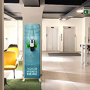 BannerBuzz Hand Sanitizer Automatic Dispenser Floor Stand Kit Touchless Machine with YOUR HANDS HERE Fabric Banner Stand Best for Hospital, Home, School, Office- 2 X 6.5 Ft (Double Side Print, Theme2)