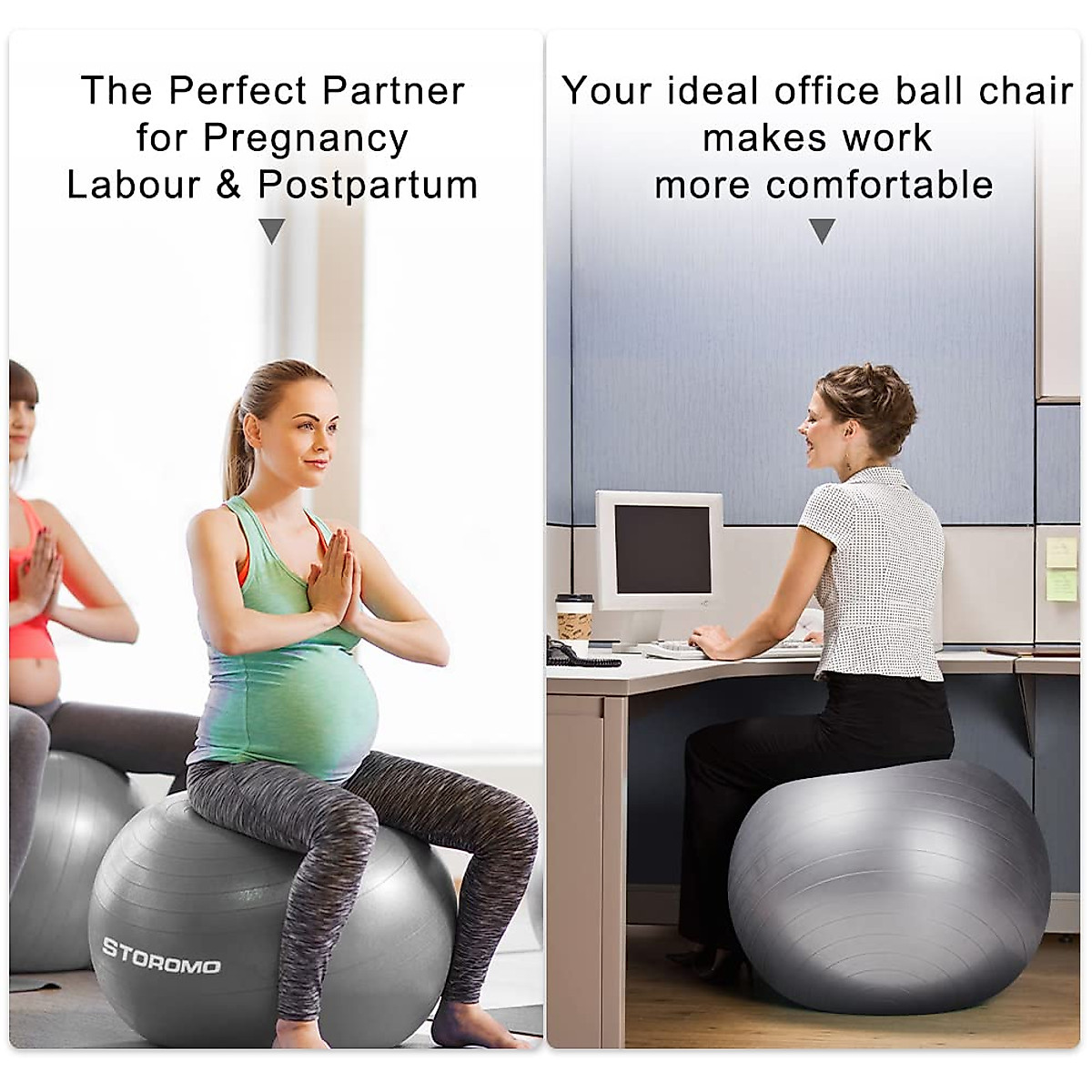 STOROMO Exercise Ball,Yoga Ball(with Exercise Tutorial)，Extra Thick Non-Slip,Holds 2500 lbs, Workout Ball for Pregnancy Birthing and Balance Stability (Silver, 45cm/17.7in)