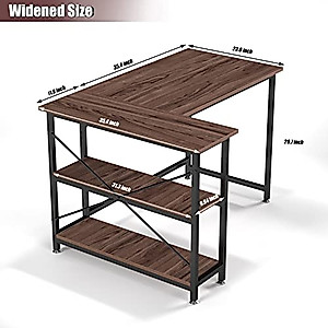SunyesYo L Shaped Computer Desk 47 in - Small Office Home Gaming Desk with Storage Shelves - Study Writing Corner Table, Reversible Sturdy Workstation, Work PC Desk, Brown