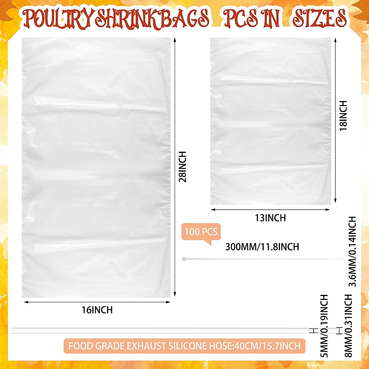 161 Pcs Thanksgiving Turkey Poultry Heat Shrink Bags Set 60 Pcs Transparent Heat Shrink Bags Clear Poultry Heat Shrink Wrap 100 Pcs Zip Ties 1 Silicone Straw for Chickens Meat Food Storage, 2 Sizes