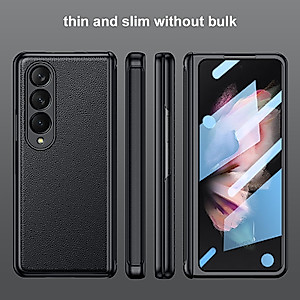 Libeagle Compatible with Samsung Galaxy Z Fold 3 Case, Support All Magsafe Accessories, Leather on Back, Hinge Protection, Built-in Screen Protector, Magnetic Cover 5G 2021, Black