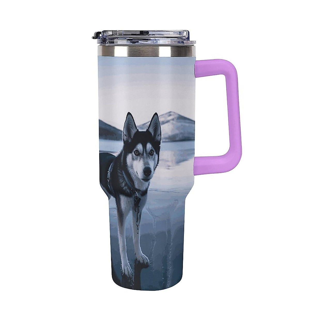 LLUTSNTH 40 Oz Vacuum Tumbler with Violet Handle Leakproof Insulated Tumbler Husky Dog on A Frozen Lake Stainless Steel Travel Mug with Lid And Straw Coffee Cup Cute Water Bottles Cup Holder Friendly