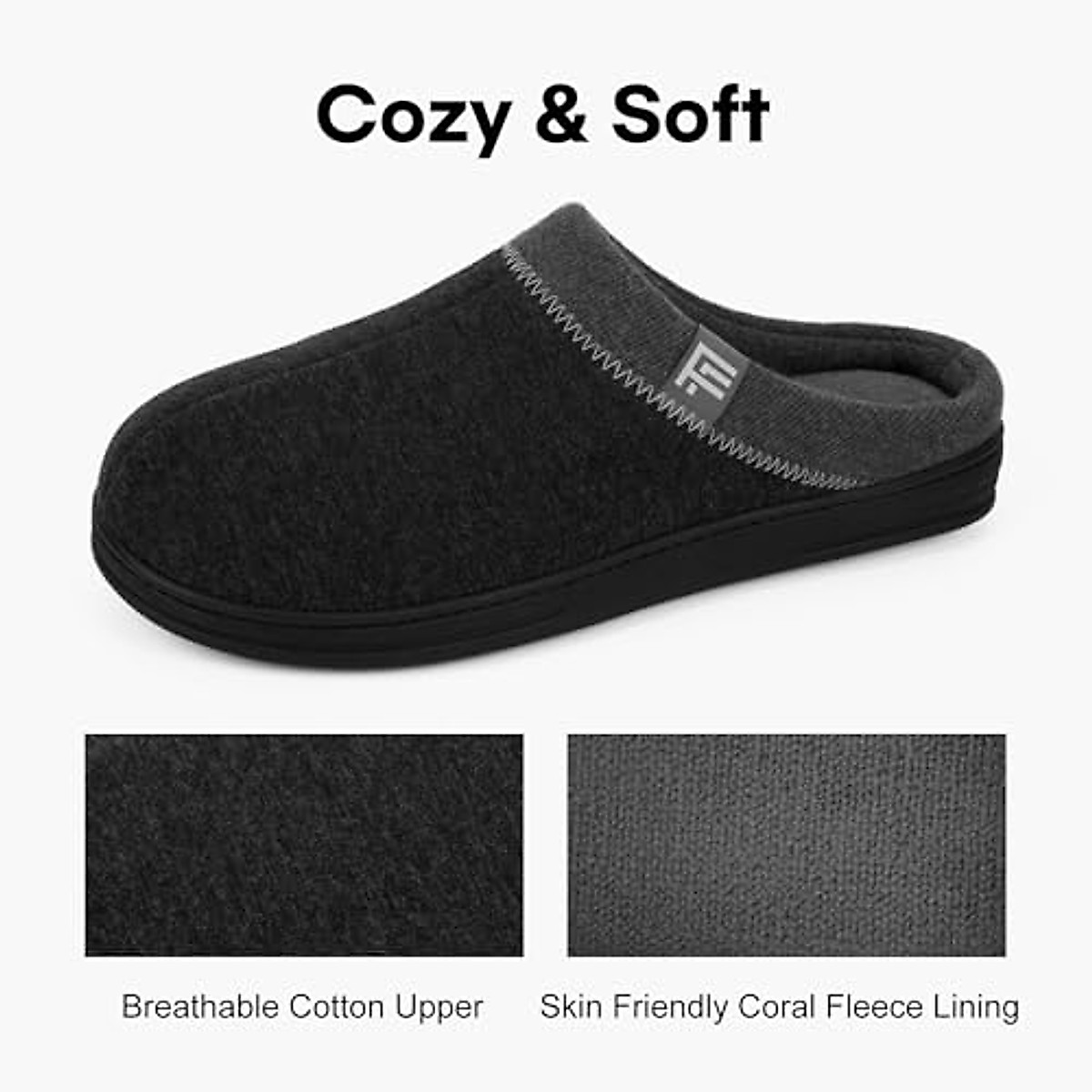 FamilyFairy Men's Memory Foam House Slippers Warm Slip-On Bedroom Shoes Black,XL