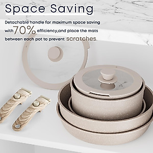 Caannasweis Detachable Nonstick Cookware Set - Stackable Induction Pots and Pans With Removable Handles, Dishwasher Safe - For RV Camping, Oven and Stovetop Use, 5 Pieces (Brown)