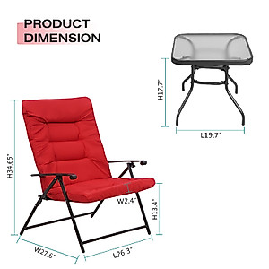 Omelaza 3 Pieces Patio Padded Folding Chair, Outdoor Adjustable Reclining Lounge Chairs with Tempered Glass Table (Red)