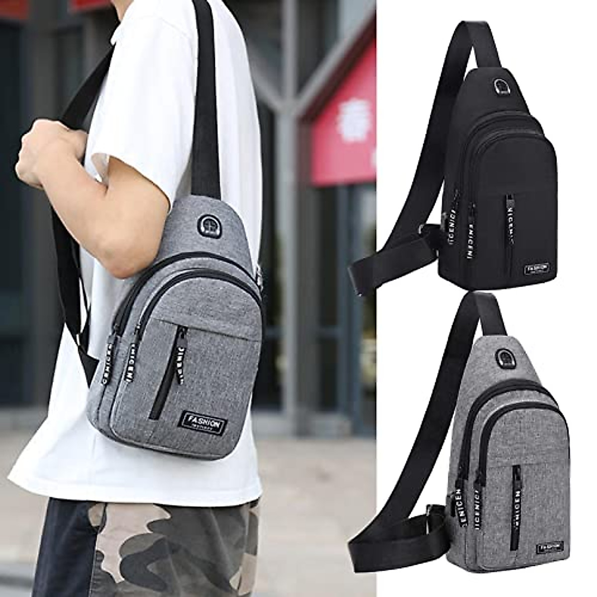 Waterproof Crossbody Sling Backpack Multipurpose Shoulder Bag Travel Hiking Chest Bag Daypack With USB Hole & Headphone Hole（Without mobile power） (Black)