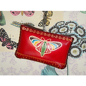 Leather Change Purse,rectangle shape,Hawaii Flower and butterfly Embossed, Handmade wallet,Wristlet and Zipper