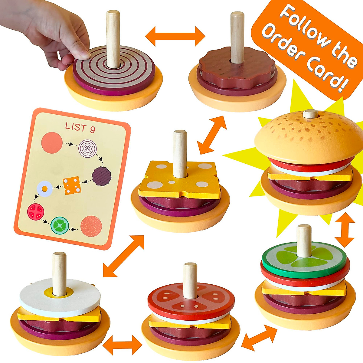 Montessori Mama Stacking Hamburger Toy, Create a Burger Sequencing Stacker, Food Stacking Toys Hamburger, Multi Cultural Play Food Sorting Toy
