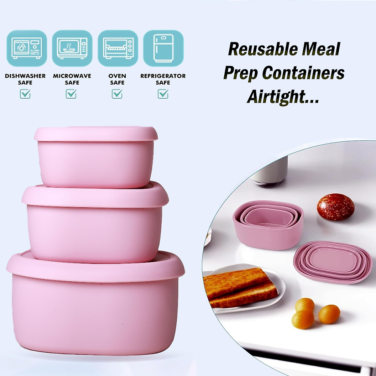 Nesting Silicon Storage Containers with Lids – Set of 3 Nesting food storage containers, Food Reusable Meal Prep, Airtight, Dishwasher and Freezer Safe (90g, 155g, 257g) Pink