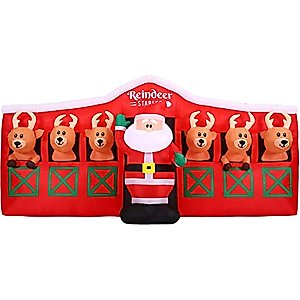 Christmas Time 4-Ft. Inflatable Santa Claus in a Reindeer Stable with LED Lights | Festive Holiday Blow-Up Decorations |Blower, Stakes, Ropes, and Storage Bag Included | CT-RDRSTBLE041-L, Red