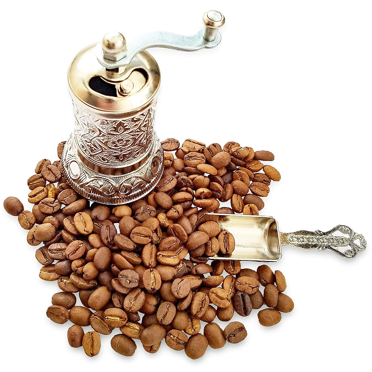 Pepper Salt Coffee Grinder - 3 in One - Turkish Coffee Mill - with Spice Shovel Spoon - Salt Shaker - Zinc Alloy Casting Best Carving Metal - Adjustable Coarseness - Silver Color Design (Silver)