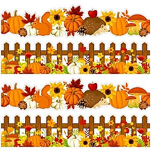 Whaline 69FT Fall Bulletin Board Borders Autumn Fence Flower Border Trim Self-Adhesive Pumpkin Fall Leaves Squirrel Hedgehog Board Decal Stickers for School Classroom Wall Thanksgiving Decor
