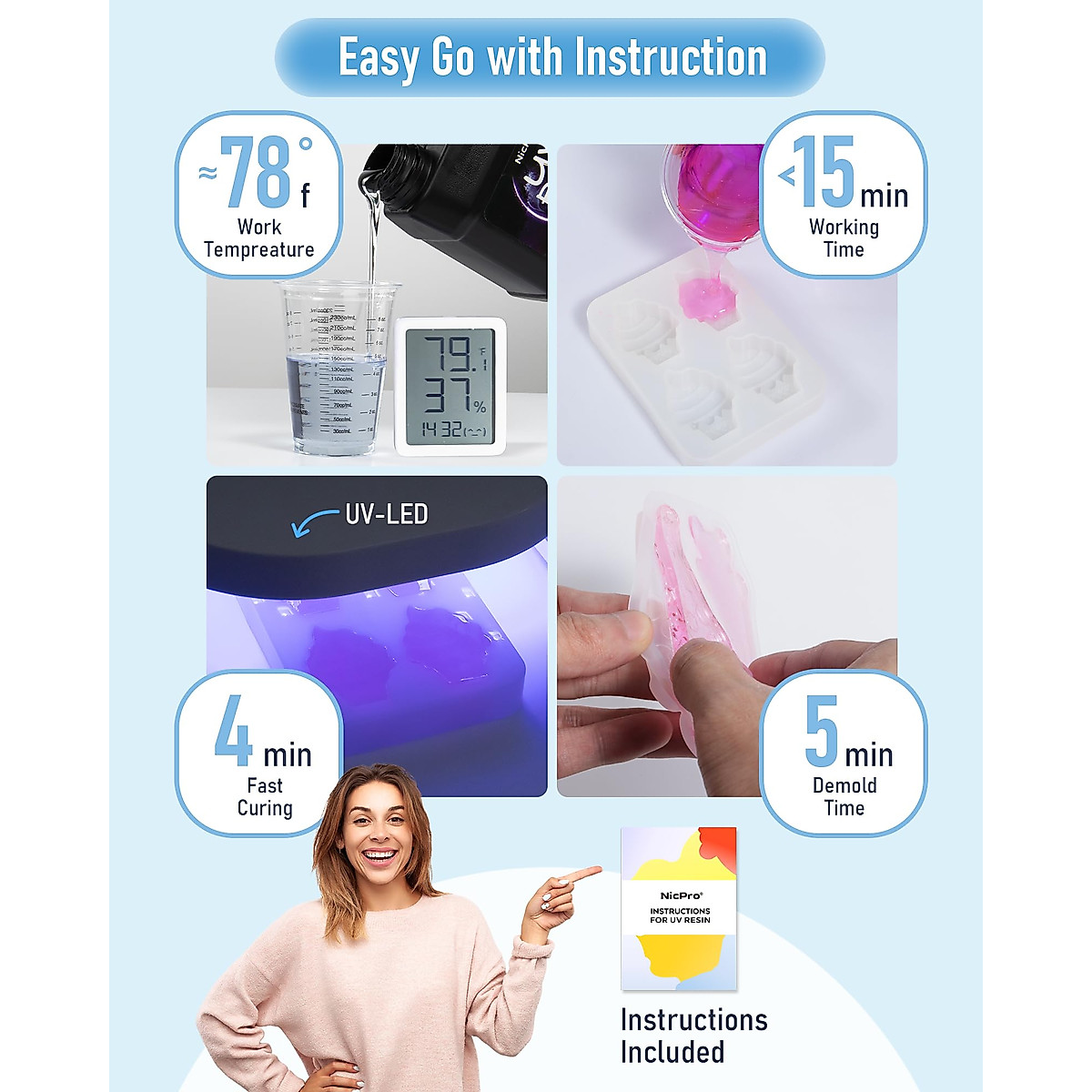 Nicpro UV Resin 1000g, Upgrade Crystal Clear Ultraviolet Epoxy Resin Glue Kit, Low Odor & Quick Curing Sunlight Cure Hard UV Resin for Jewelry Making, Handmade DIY Craft, Coating and Casting