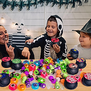 FUN LITTLE TOYS 24 Pack Prefilled Mini Plastic Witch Cauldron, Trick or Treat Toys in Bulk Small Halloween Buckets Pinata Prizes Gifts for Kids