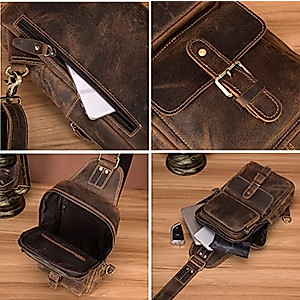 Le'aokuu Outdoor Casual Travel Hiking Tea Crossbody Chest Sling Bag Rig One Shoulder Strap Bag Backpack For Men Male Real Leather 1315 (A Brown)