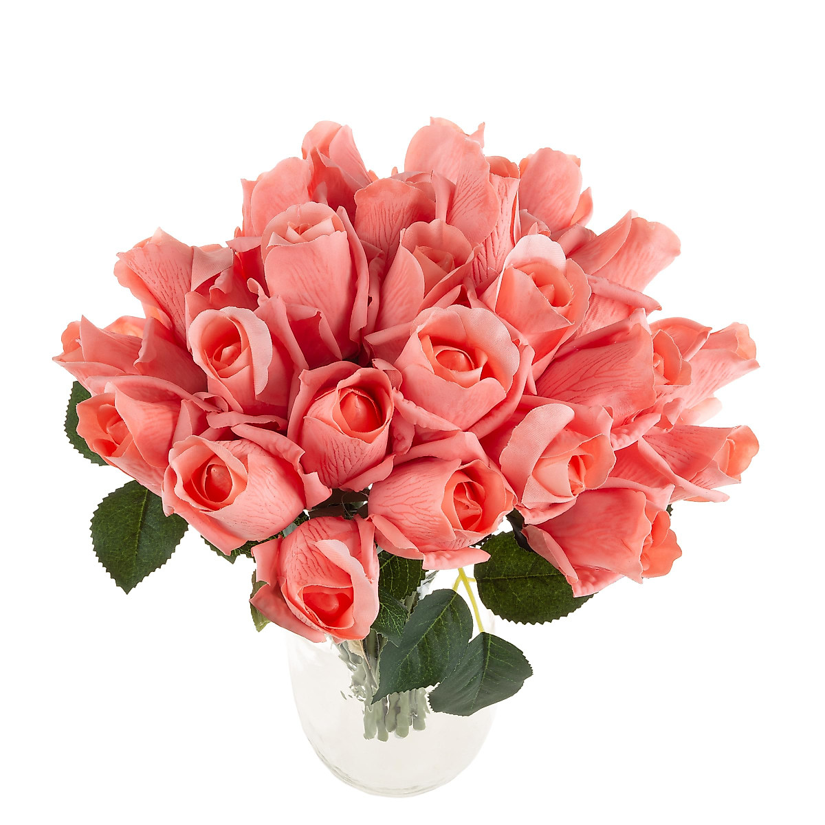 Pure Garden Rose Artificial Flowers - 24Pc Real Touch 11.5-Inch Fake Flower Set with Stems for Home Decor, Wedding, or Bridal/Baby Showers (Coral)