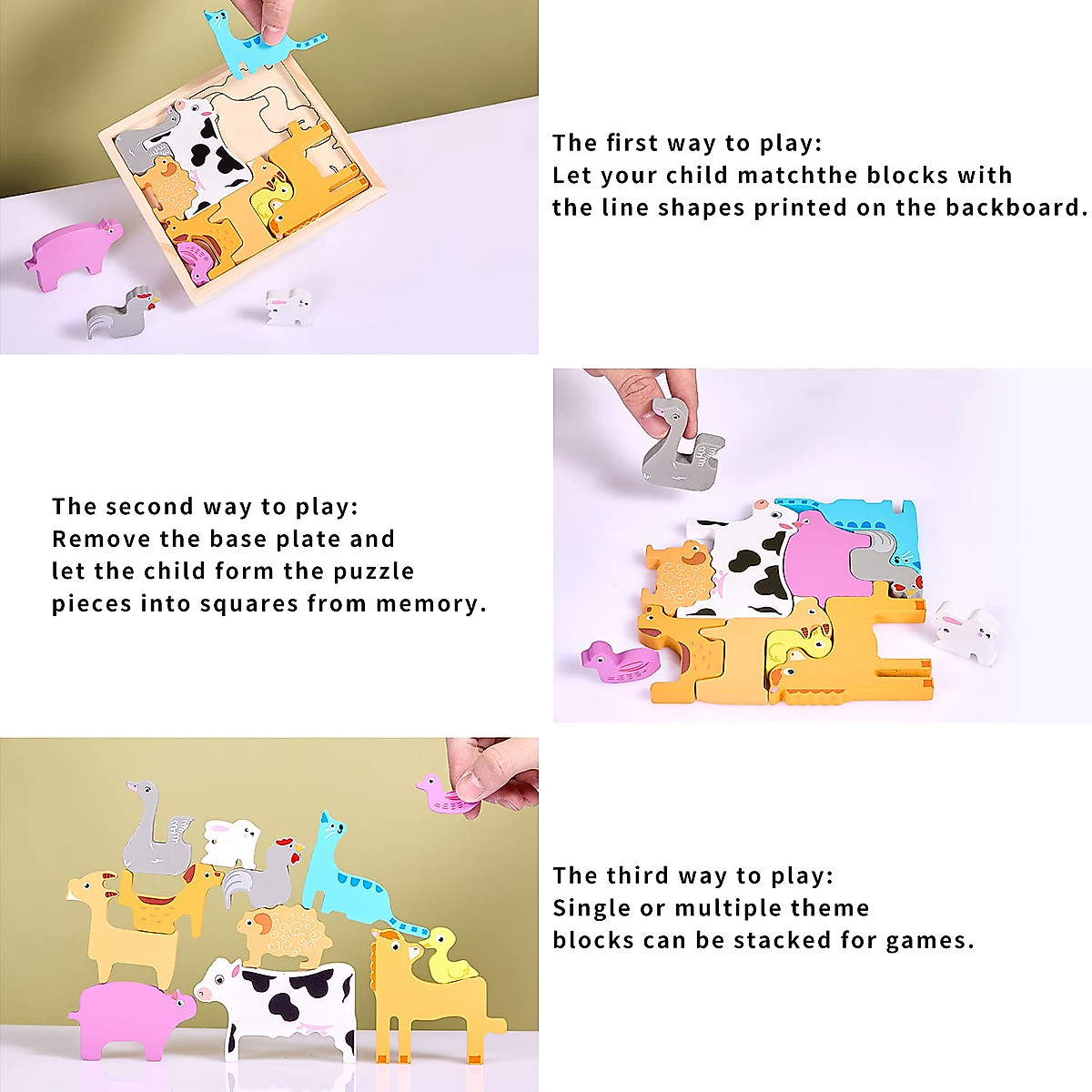 Childgoo 2 in 1 Wooden Farm Animal Sorting & Stacking Toys Wooden Blocks and Puzzles for Kids Ages 3-5 Montessori Gifts for Toddlers Boys & Girls Ages 3 4 5 6 Years Old (Farm Animal)