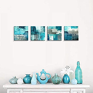 Abstract Wall Art Canvas Turquoise and Grey Abstract Art Painting Canvas Artwork Contemporary Wall Art for Bathroom Bedroom Living Room Kitchen Wall Decor 12" x 12" x 4 Pieces Canvas Prints