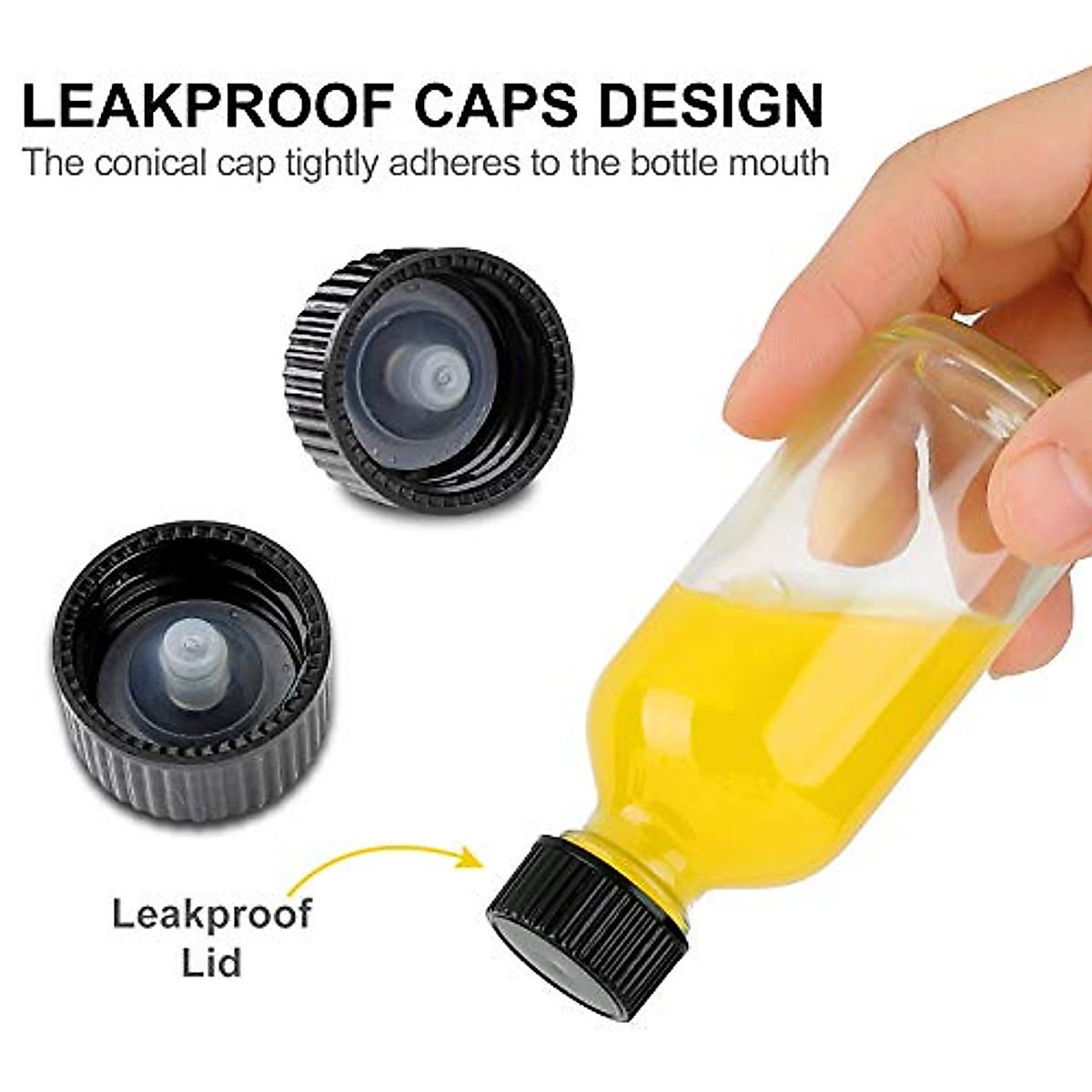 4oz Clear Glass Bottle with Poly Cone Cap, Boston Round Sample Glass Bottle for Potion, Juice, Ginger Shots, Oils, Whiskey, Liquids-48 Labels, 5 Funnels, 5 Droppers, 1 Brush&Chalk Marker-Pack of 42