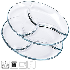 FOYO Round Tempered Glass Serving Platters/Trays - 3 Sectional -10'' Diameter, Set of 2