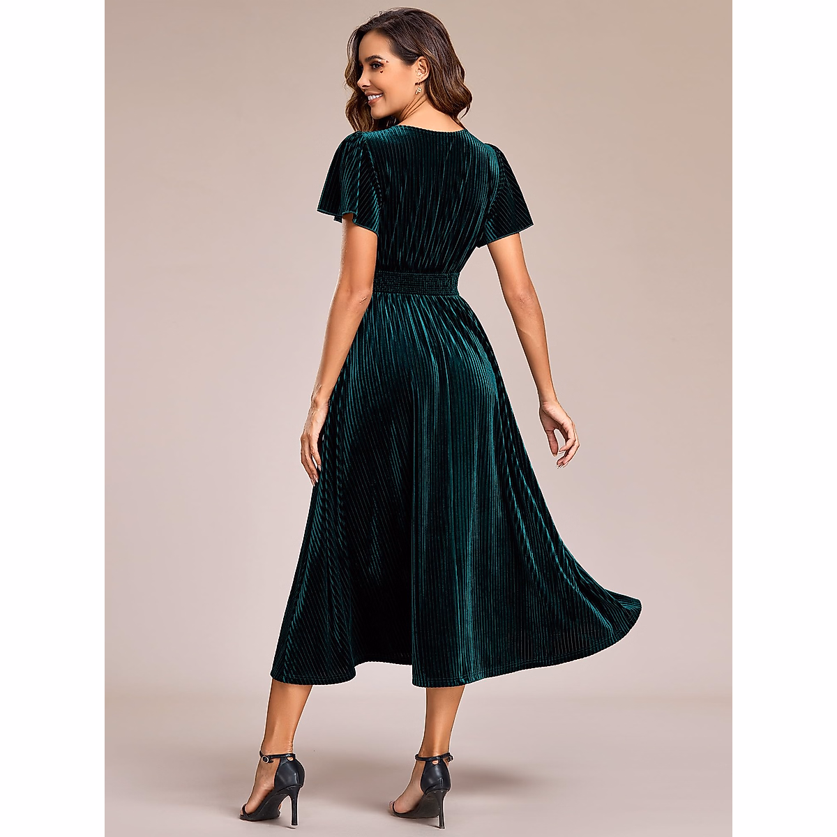 Ever-Pretty Women's Short Sleeve V Neck A Line Velvet Midi Dress Bridesmaid Cocktail Party Dresses Deep Green US6