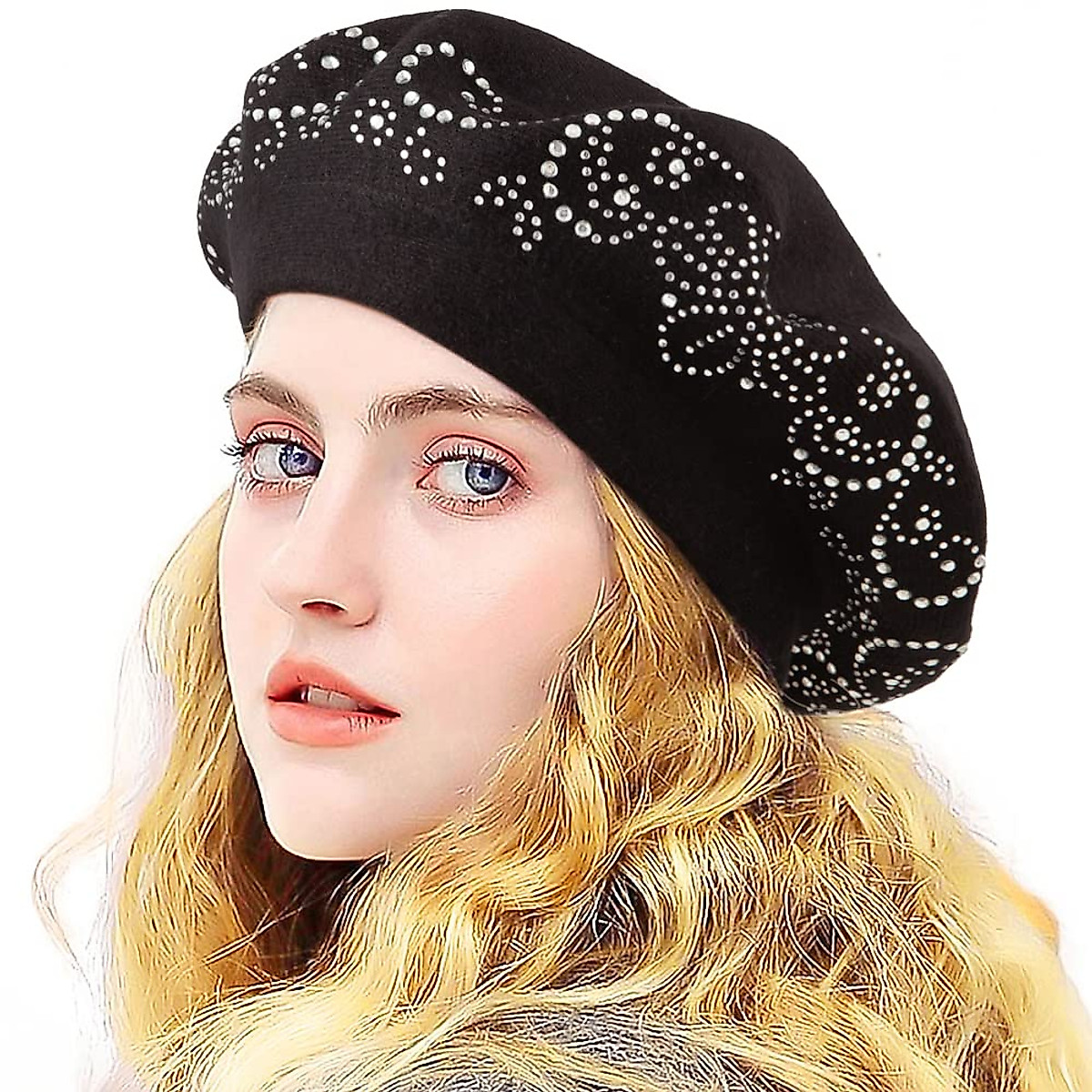 LADYBRO Barre Hat Wool Beret Hats for Women Rhinestone Womens Hats and Caps Winter Black