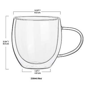 JNSMFC Double Walled Glass Coffee Mugs with Handle,4-Pack 8oz Insulated Glass Coffee Mugs Set,Clear Glass Coffee Cups for Espresso, Latte, Cappuccino,Wine,Tea Bag, Hot Beverage(Extra Spoons)