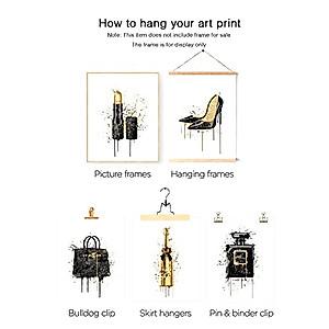 HoozGee Fashion Art Watercolour Splash Gold Champagne Black Perfume Bottle Lipstick Ring Jewelry High Heel Handbag Wall Art Prints Poster Girly Room Decor Bedroom Wall Decor (8"x10" UNFRAMED)