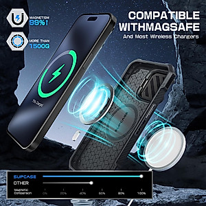SUPCASE for iPhone 15 Pro Max Case with Camera Cover & Stand (UBMag XT) [Compatible with MagSafe] [Built-in Kickstand] [Military-Grade Protection] Heavy Duty Rugged Magnetic Phone Case 6.7", Black