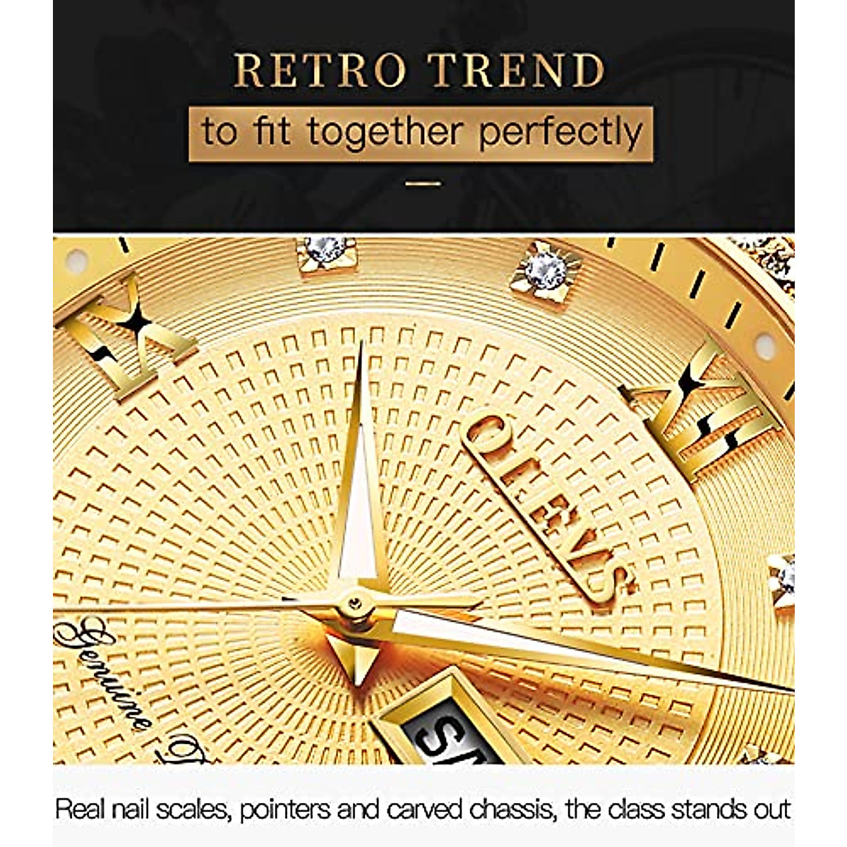 OLEVS Luxury Men Watch Gold Face Diamond Waterproof Stainless Steel Wrist Watch with Day and Date Quartz Man Wristwatches Analog Big Face Male Watches Calendar Fashion Relojes De Hombre