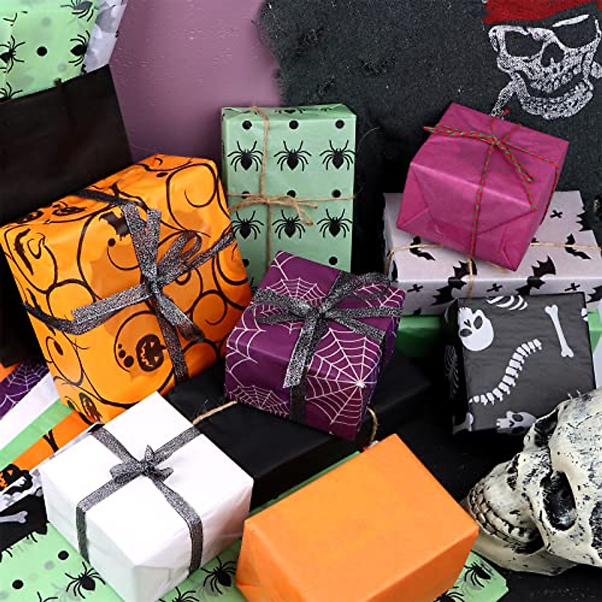 100 Sheets Halloween Tissue Paper Black Orange Wrapping Paper Bat Pumpkin Spider Tissue Paper Skull Gift Wrapping Tissue for Birthday Party Gift Bag DIY Crafts