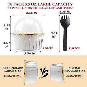 50 Pack Jumbo Cupcake Cups With Lids,LNYZQUS 5.5 Oz Foil Cupcake Muffin Liners,Disposable Ramekins Pans Muffin Tins,Large Baking Cups Cupcake Wrappers Holders -White in gold
