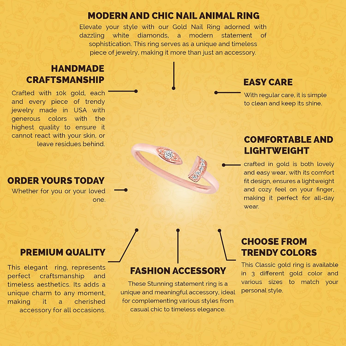 Takar 10K Solid Gold Nail Ring with White Diamonds, Elegant Open Style Nail Gold rings for women, Beautiful nail rings, Women's Gold Nail Jewelry in Yellow Gold, Rose Gold and White Gold made in USA.