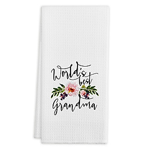 World's Best Grandma Flower Kitchen Towels Tea Towels, 16 X 24 Inches Cotton Modern Dish Towels Dishcloths, Dish Cloth Flour Sack Hand Towel for Farmhouse Kitchen Decor,Gifts for Grandma