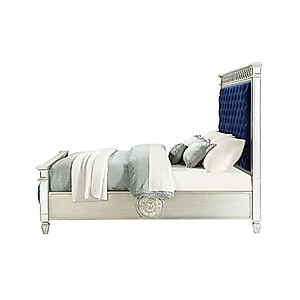 Acme Varian Queen Upholstered Panel Bed in Blue Velvet and Mirrored