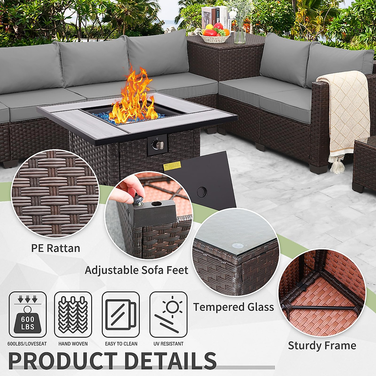 WAROOM 7 Pieces Patio Furniture Set PE Wicker Outdoor Brown Rattan Sectional Sofa Loveseat Couch Conversation Sets with Storage Bin Coffee Table and Propane Fire Pit, Anti-Slip Grey Cushion