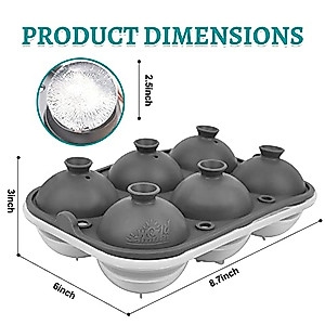Samuelworld Large Ice Ball Maker with Lid, 6 x 2.5 Inch Ice Balls - Food Grade, Easy To Fill Round Silicone Ice Tray, Perfect Spheres Craft Ice Maker for Whiskey, Cocktails, Gifting - Grey