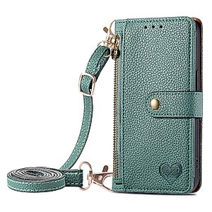 ONV Flip Case for Samsung Galaxy M53 5G - Adjustable Crossbody Lanyard Zipper Cash Pocket Wallet Leather Case Card Holder Stand Metal Close Cover for Samsung Galaxy M53 5G [AX]-Green