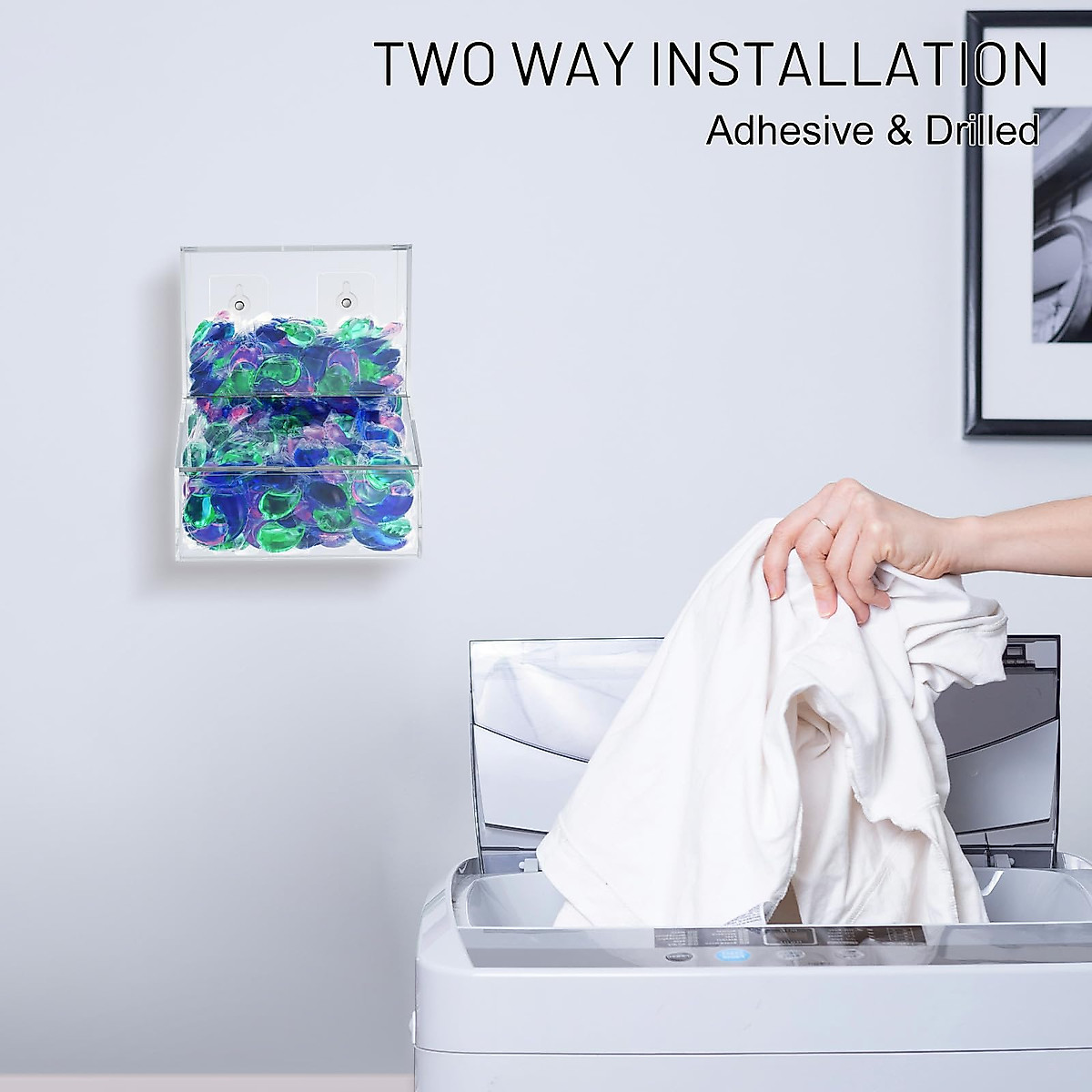 BSSOYAMM Laundry Pods Container, Acrylic Laundry Pods Holder with 2 Lid, Adhesive Dishwasher Pods Dispenser, Clear Laundry Room Organization Storage for Clothes Pins, Dryer Balls, Snack, Candy