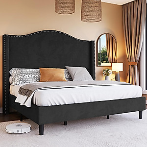 Jocisland Queen Size Platform Bed Frame,Velvet Fabric Upholstered Bed with Tall Arched Headboard & Nailhead Trim Wingback Headboard/No Box Spring Needed/Black