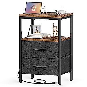 Huuger Nightstand with Charging Station, Side Table with Fabric Drawers, End Table with Open Shelf, Bedside Table with USB Ports and Outlets, Night Stand for Bedroom, Rustic Brown