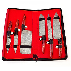 GladiatorsGuild G30 Professional Kitchen Knives Damascus Steel Utility Chef Kitchen Knife Set Red Patook & Wenge Wood with Chopper/Cleaver Pocket Case Chef Knife Roll Bag G30 (1030)
